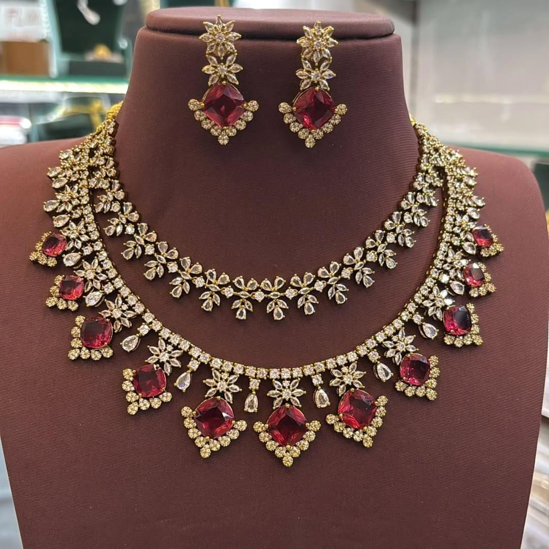 Ruby Red Stone Floral Necklace Set With Matching Earrings – CZ Diamond ...