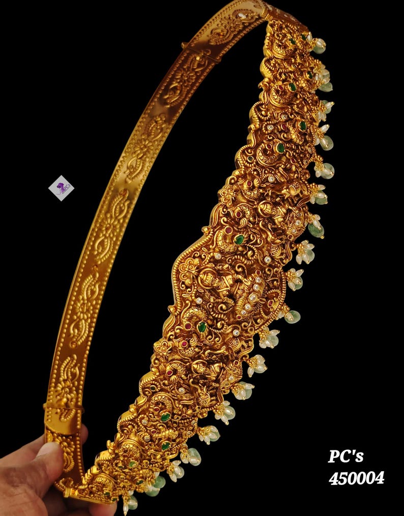 Gold Temple Bridal Hip Belt – Ruby & Green Stone Vaddanam - Etsy