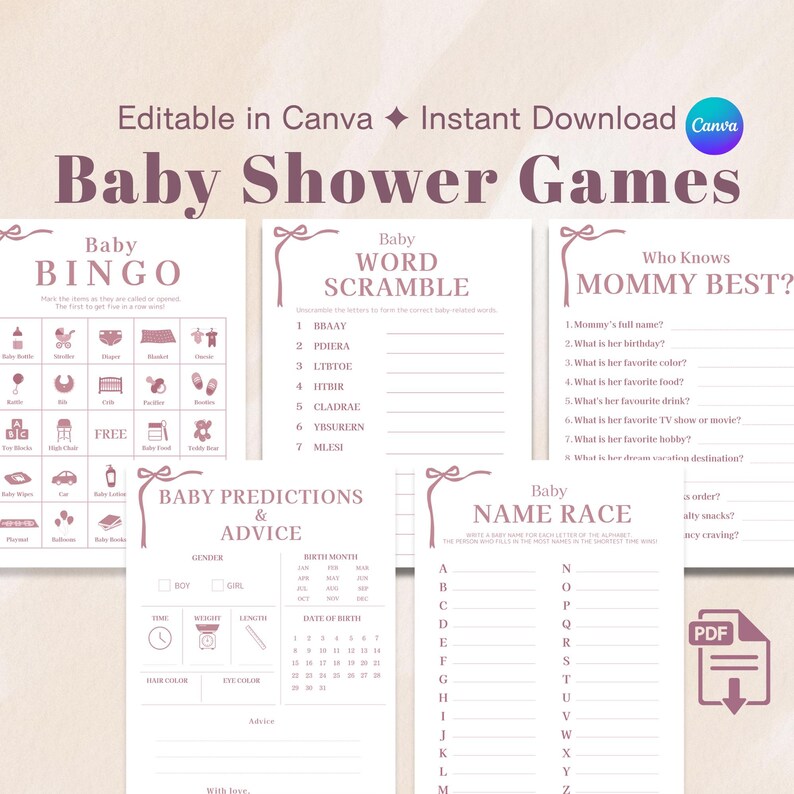 Paquete de juegos editables para baby shower | Diseño con cinta rosa y ...
