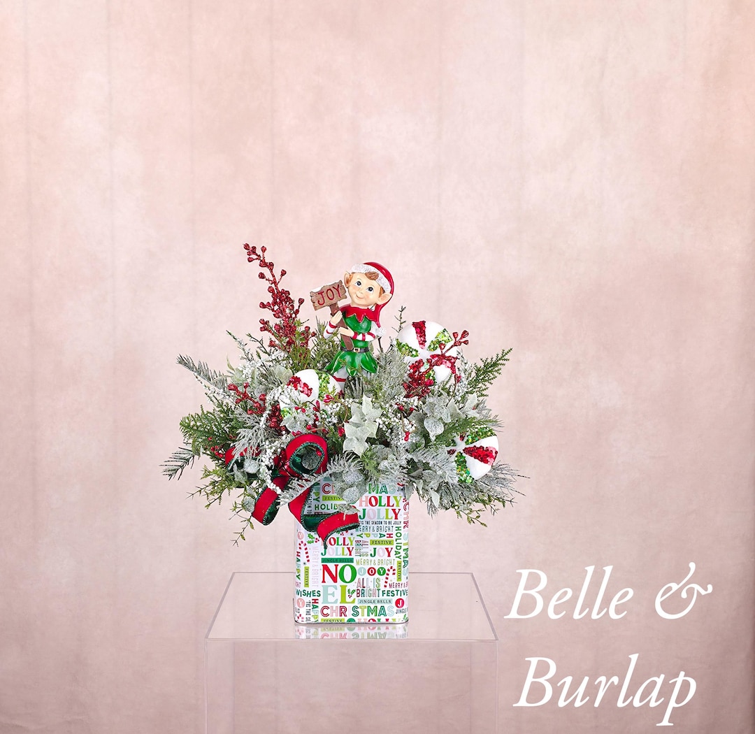 Elf Christmas Centerpiece, Holiday Table Decor, Frosted Greenery Floral ...