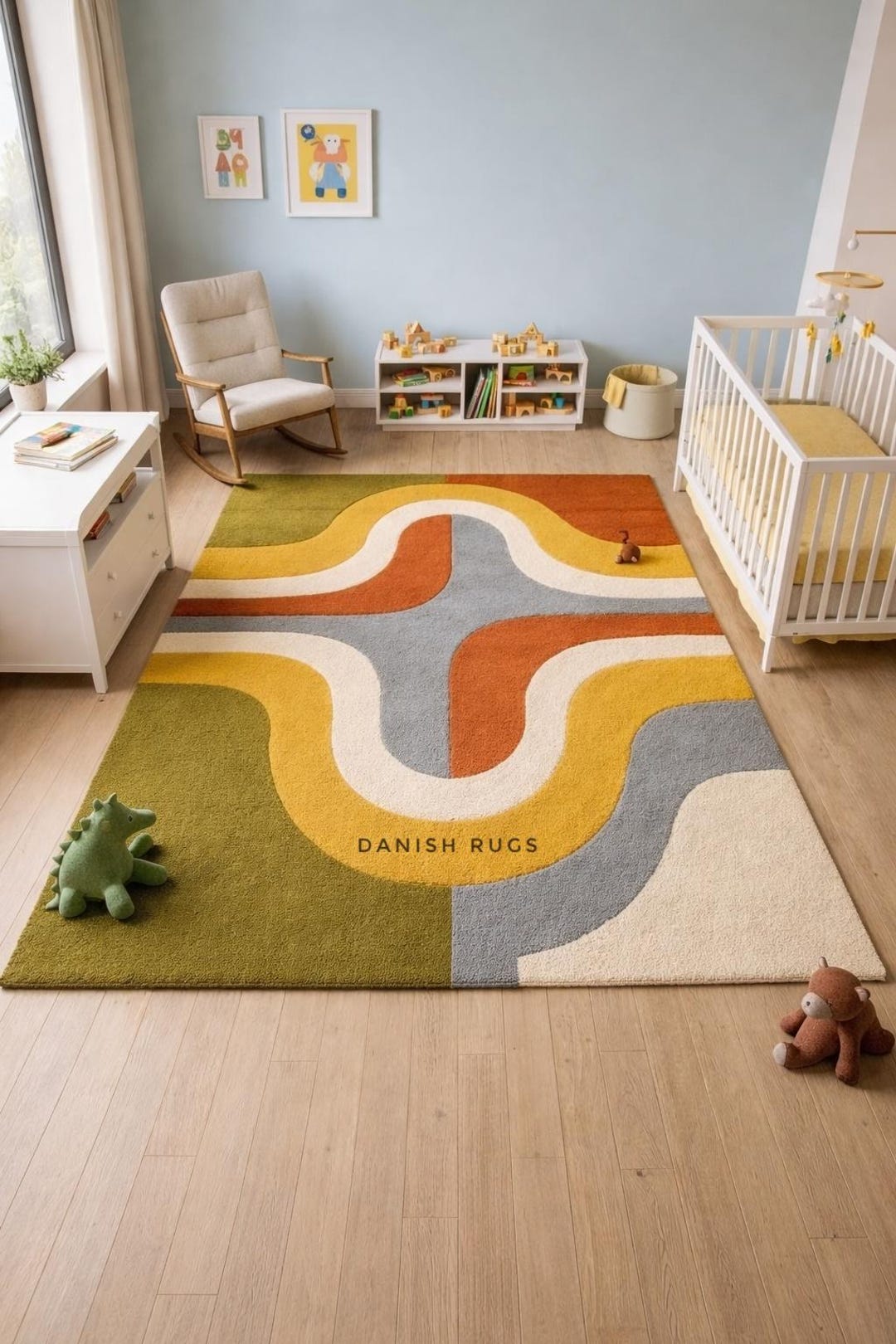 Retro Mid-century Modern Nursery Rug - Scandi Plush Shag in Moss Green ...
