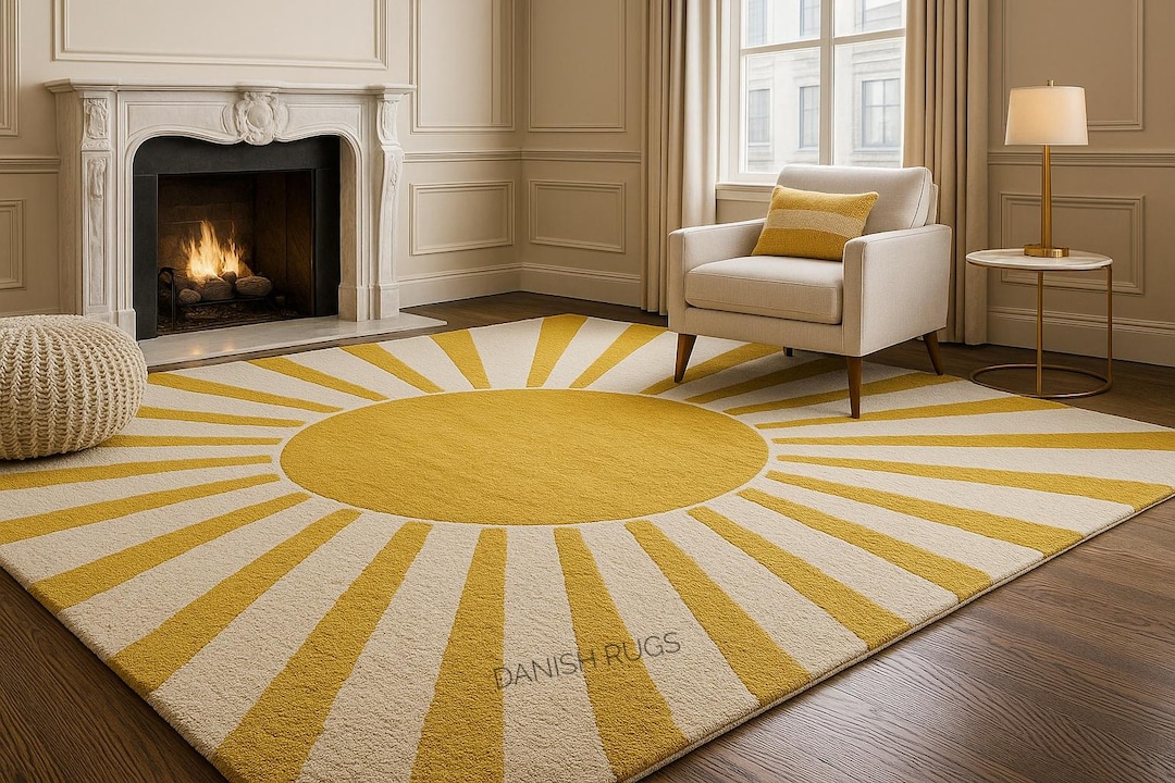 Hand Tufted, Wool Rug. Sunburst Rug Features a Bold Yellow and White ...