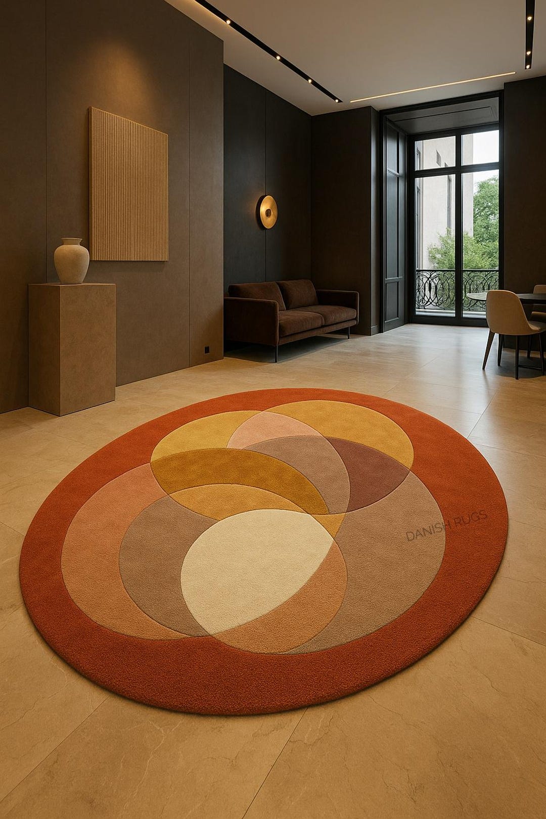 Warm-toned Round Rug Featuring an Abstract Design of Overlapping ...