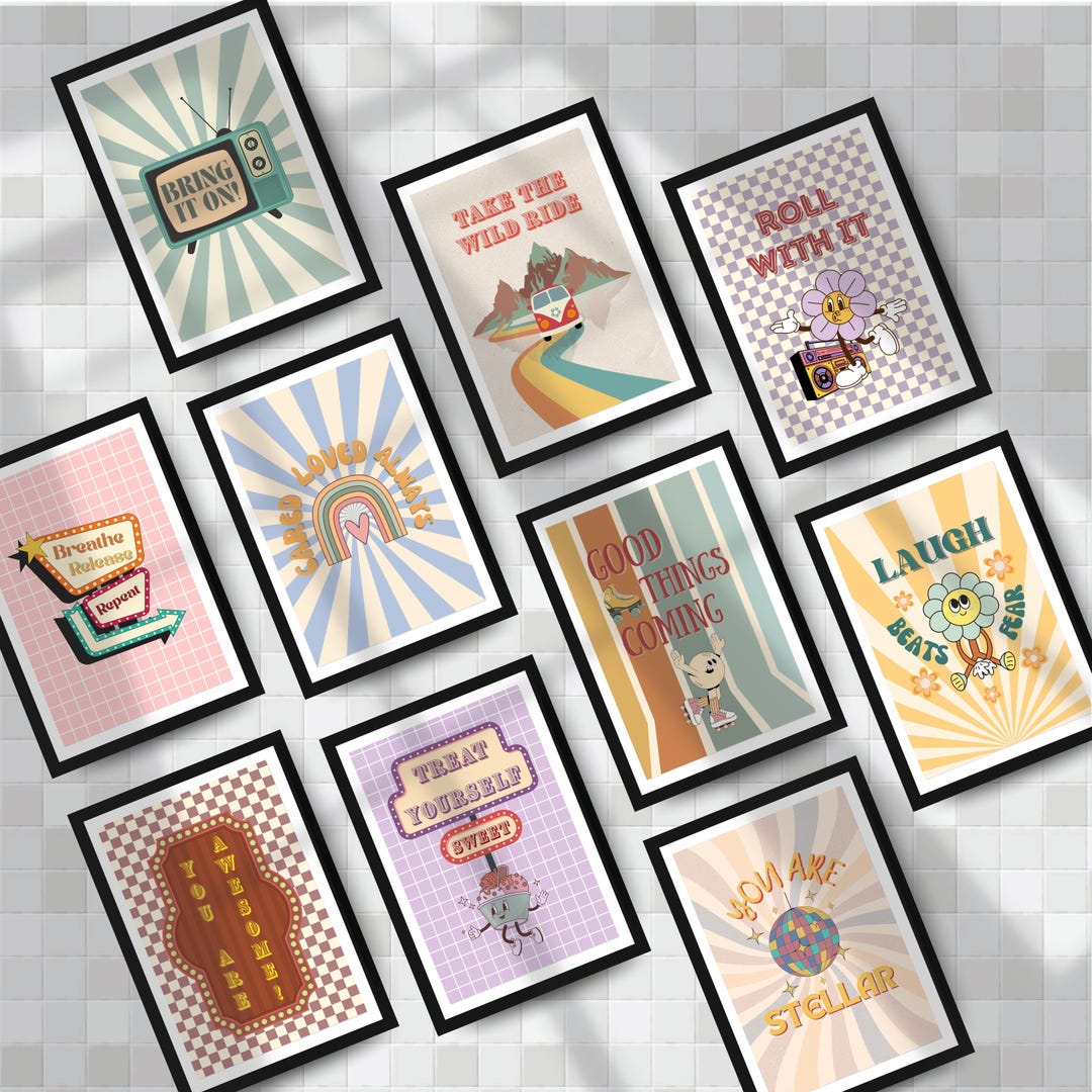 Retro Affirmation Poster Set: 10 Colorful Mental Health Decor (digital ...