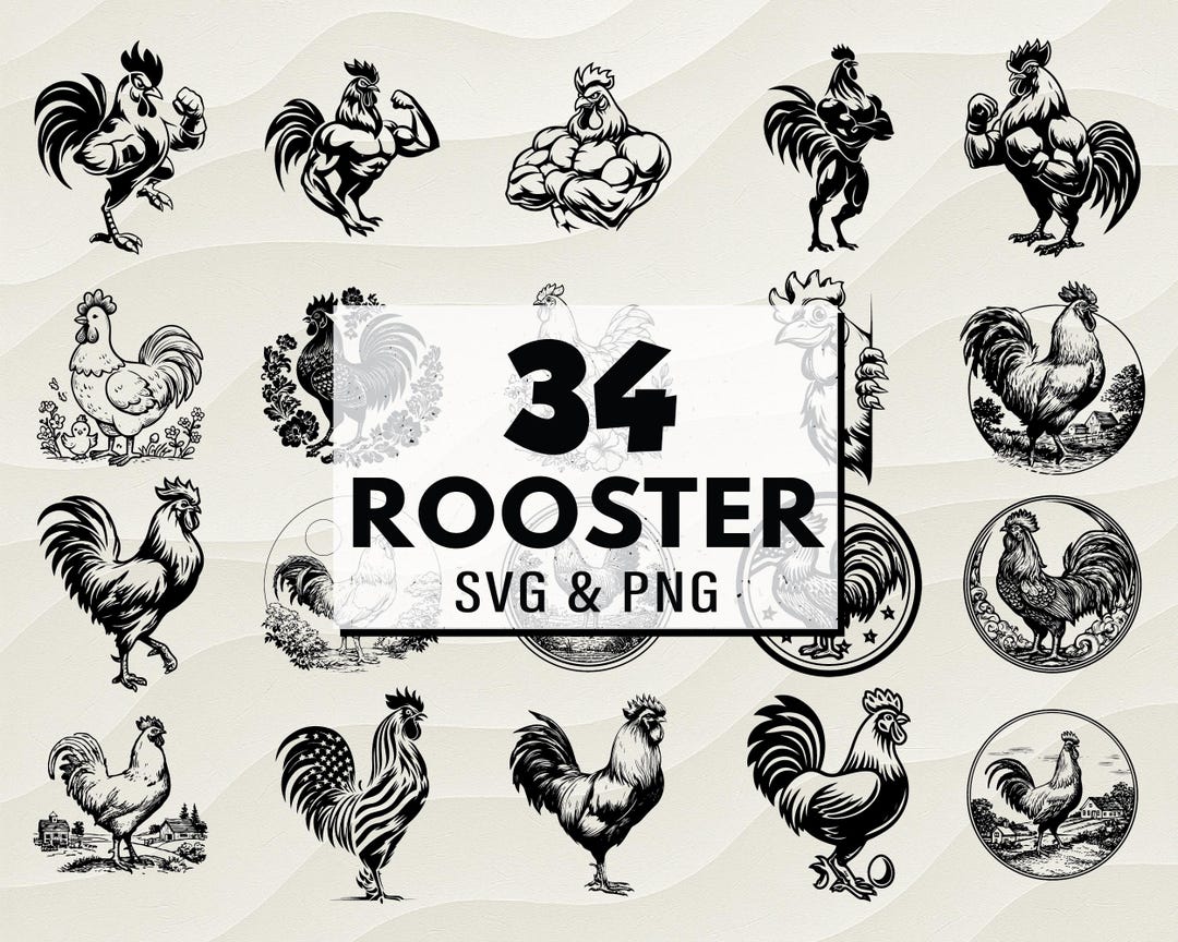 Rooster Silhouette SVG PNG Bundle, Farm Animal Clipart, Chicken Cut ...
