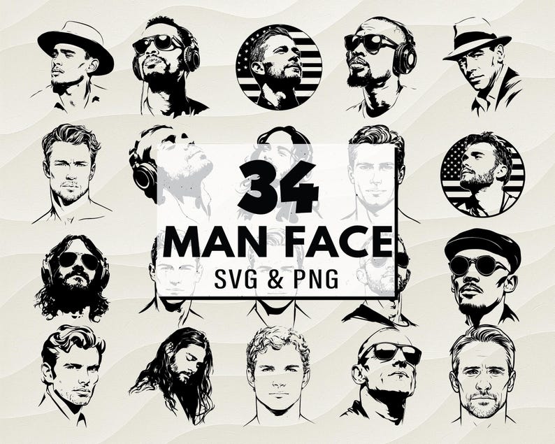 Man Face SVG PNG Bundle, Male Profile Clipart, Human Head Cut Files ...