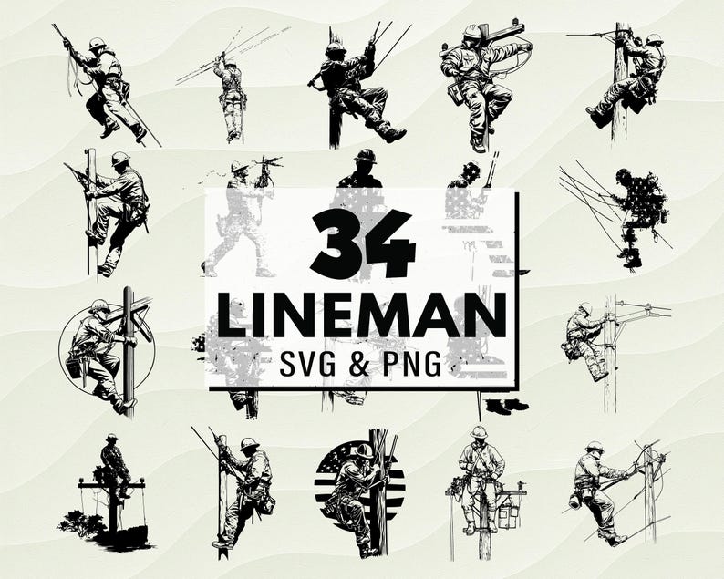 Lineman SVG PNG Clipart Bundle, Power Line Worker Silhouette (digital ...