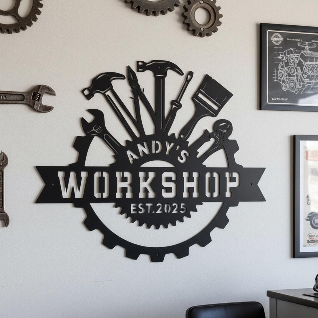 Custom Workshop Name Metal Wall Art, Gear & Tool Silhouette Design Wall ...