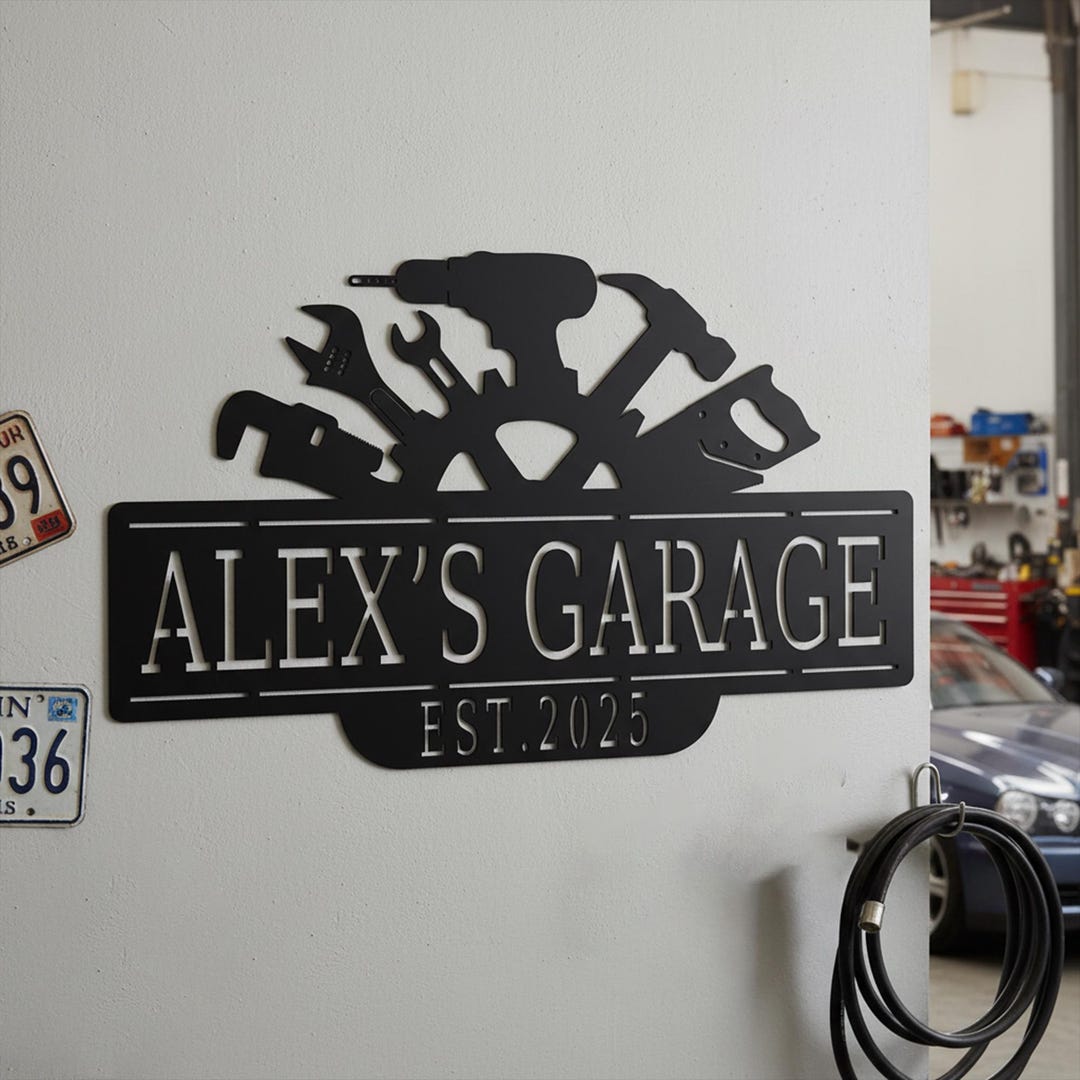 Personalized Garage Metal Sign, Garage Name Metal Sign, Tool Silhouette ...