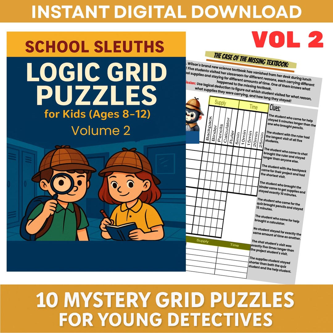 School Sleuths Logic Grid Puzzle Volume 2 | Detective Brain Games for Kids Ages 8-12 ...