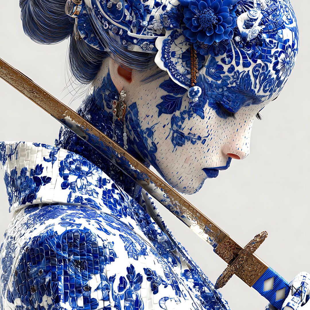Porcelain Warrior – Blue & White Samurai Woman Canvas Art | Asian Wall ...
