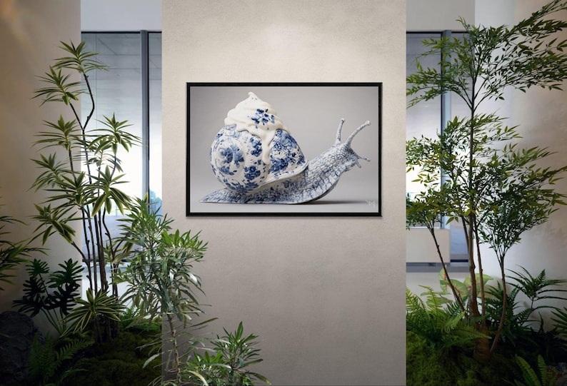 Porcelain Snail Print: Blue & White Oriental Art - Limited Edition - Etsy