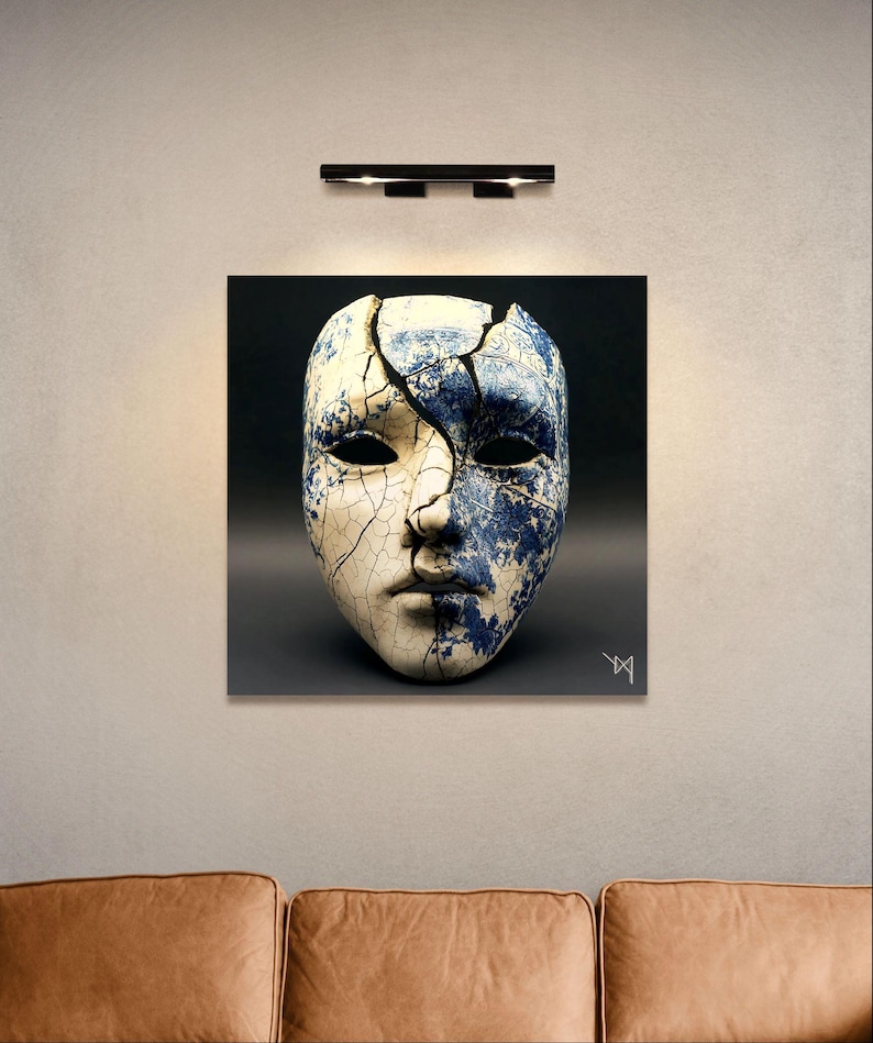 Blue & White Broken Porcelain Mask Print – Limited Edition Symbolic ...