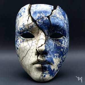 Blue & White Broken Porcelain Mask Print – Limited Edition Symbolic ...