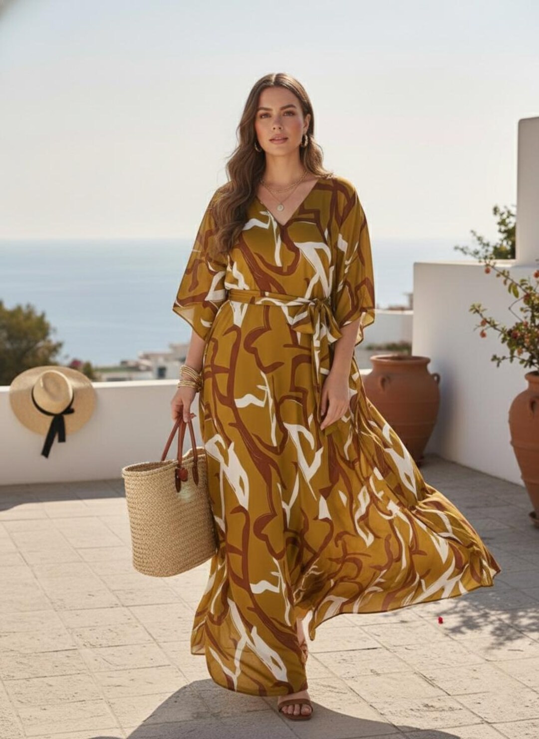 Boho Kaftan Maxi Dress for Women, Flowy Resort Wear, V Neck Belted ...