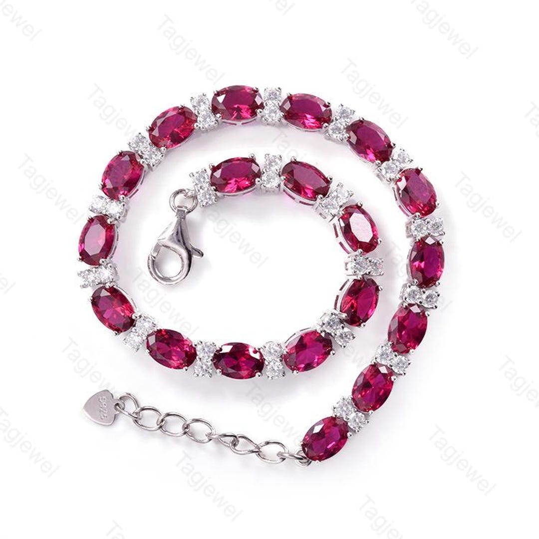Oval Shape Ruby Tennis Wedding Bracelet-925 Sterling Silver Moissanite ...