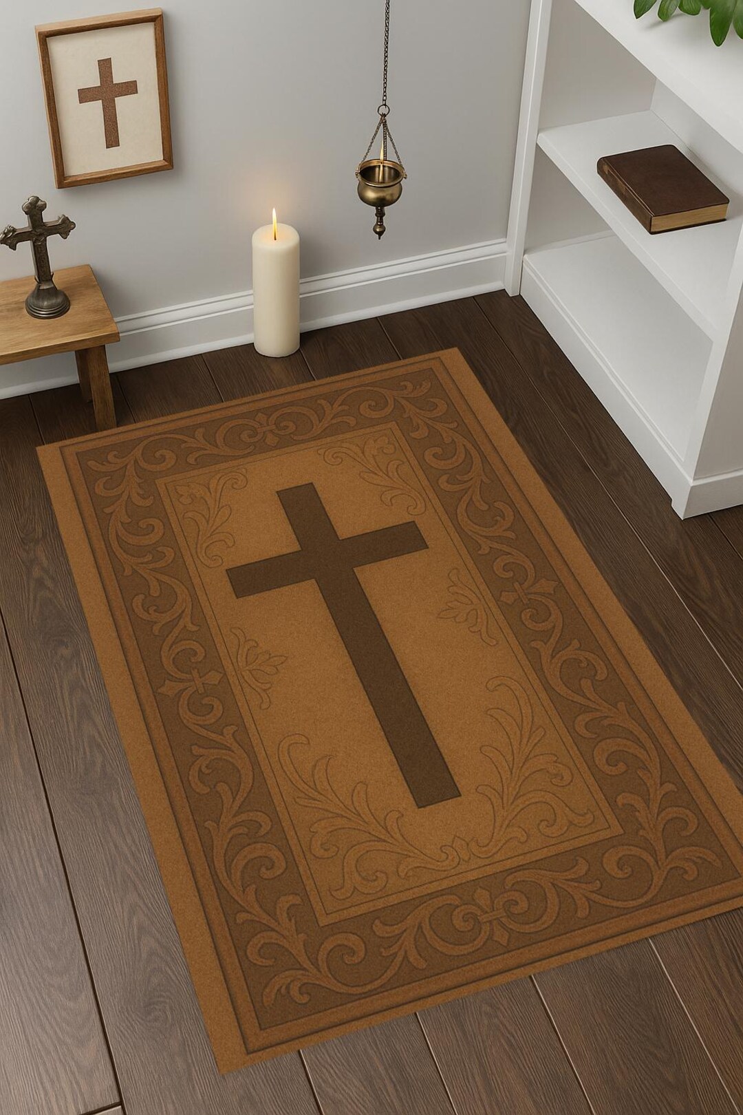 Christian Prayer Rug: 3D Printed Round Worship Carpet, Religious Cross ...