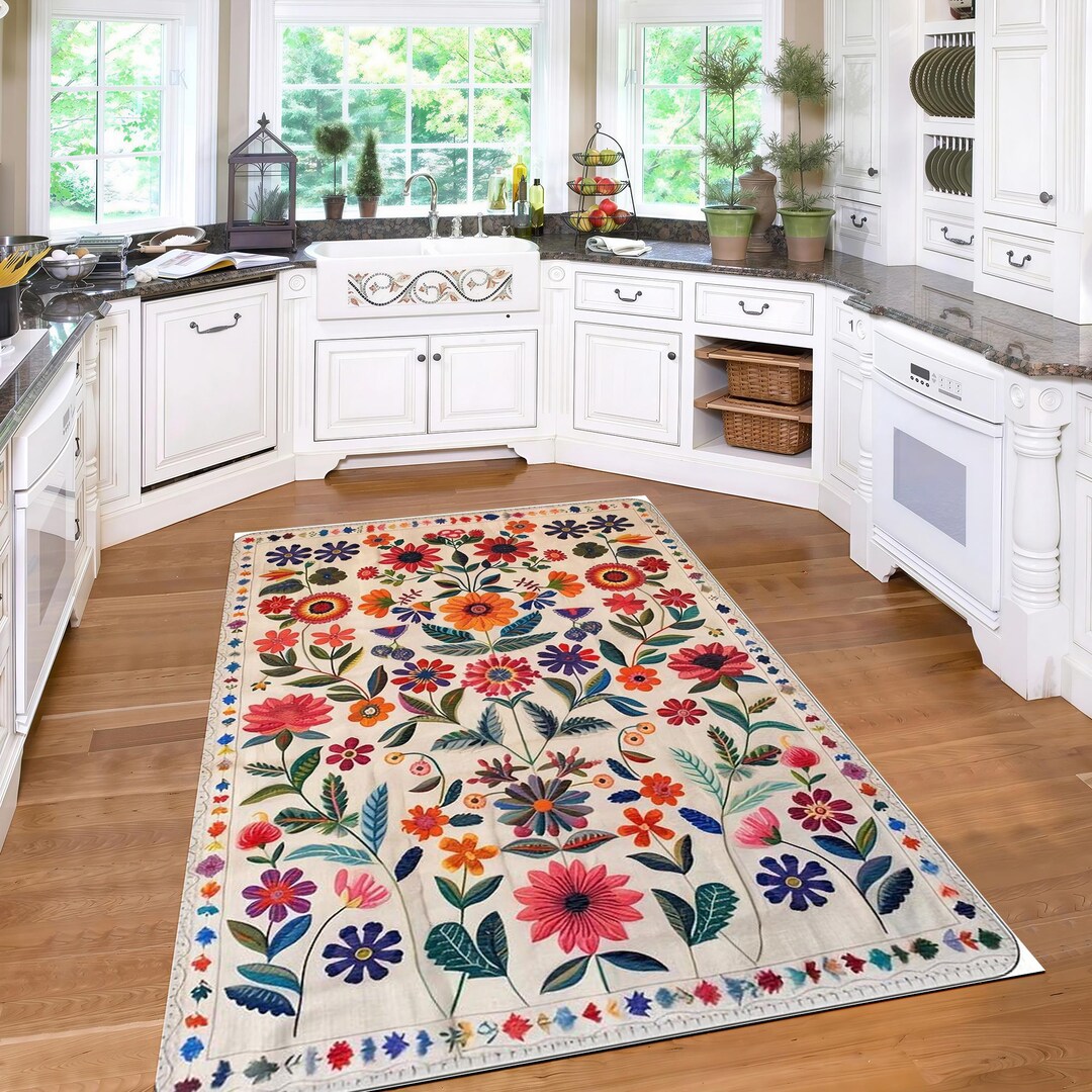 Colorful Floral Rug: 3D Printed Area Rug, Boho Flower Rug, Vintage ...