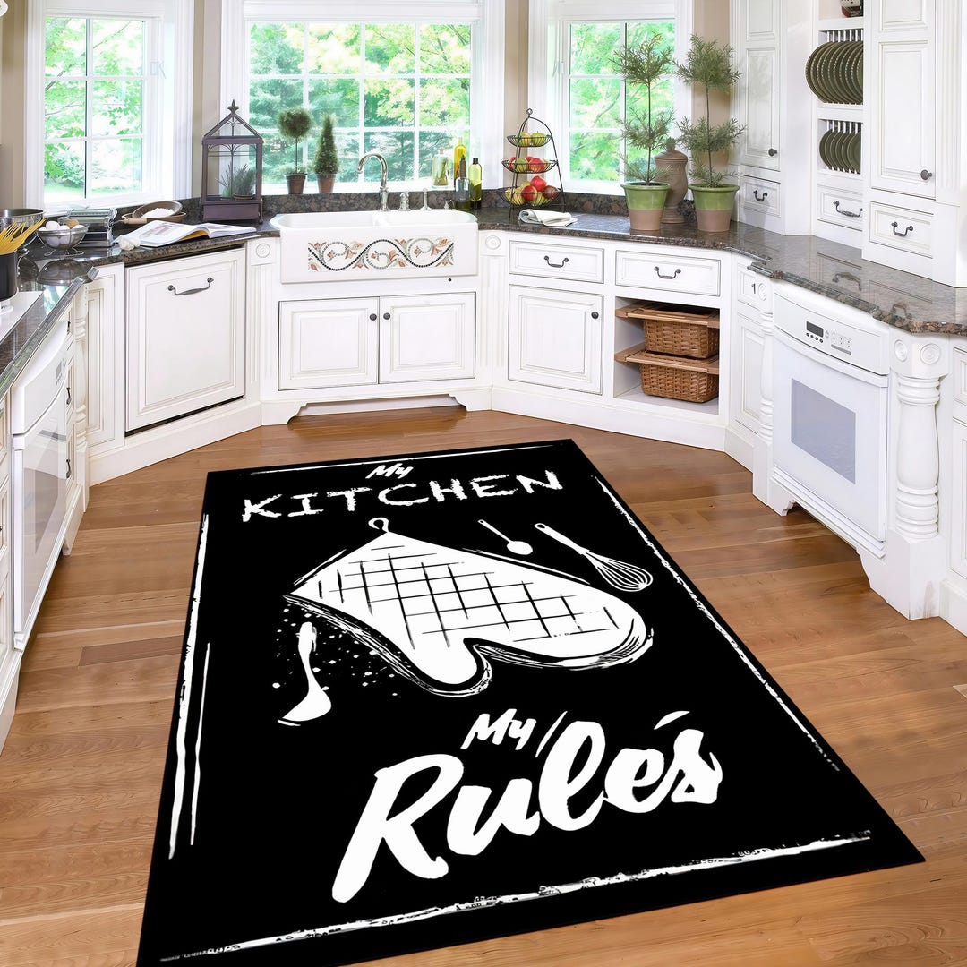 3D Printed Kitchen Rug: Cooking Utensils Theme, Non-slip, Modern Decor ...