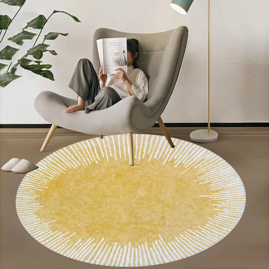 3D Sunburst Round Rug, Yellow Radiant Circle Carpet, Modern Boho Floor ...