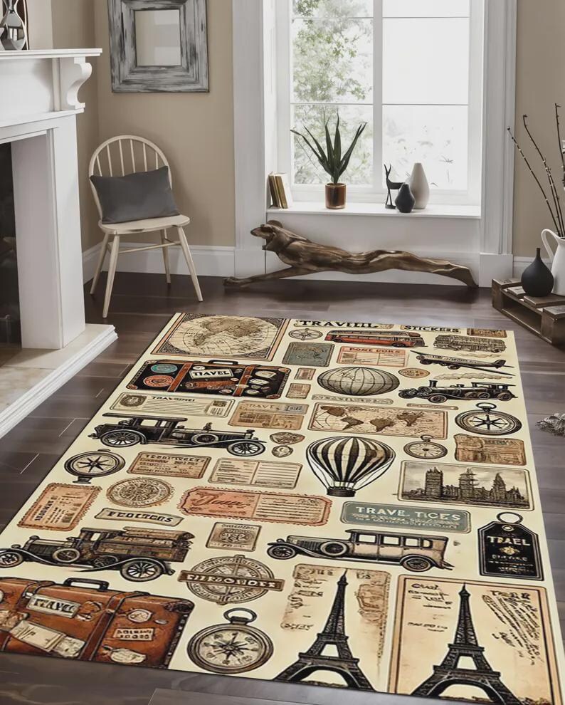 Vintage Travel Map Rug: 3D Printed Steampunk Style Floor Mat - Etsy