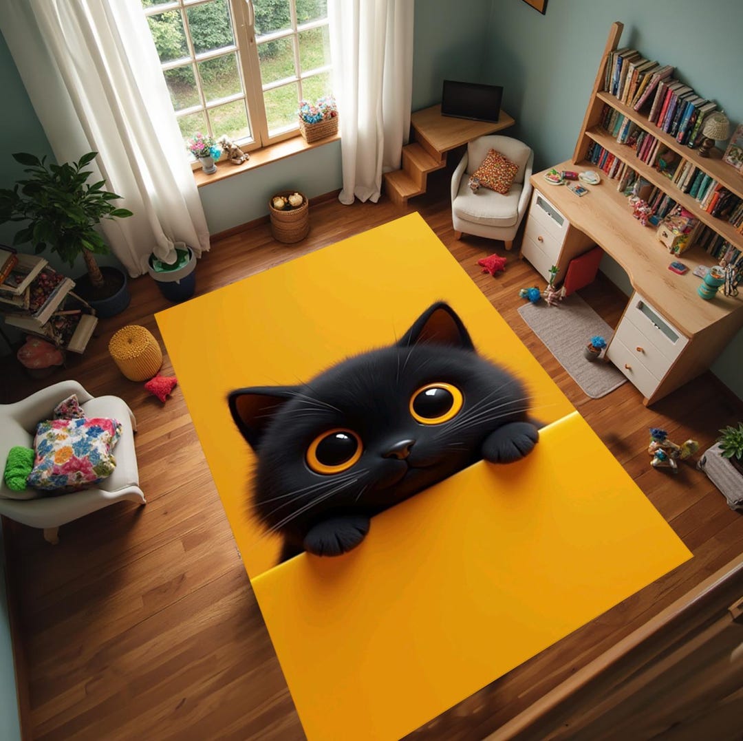 Black Cat Area Rug: Kawaii Kitten Nursery Mat, Non-slip Washable, Big ...