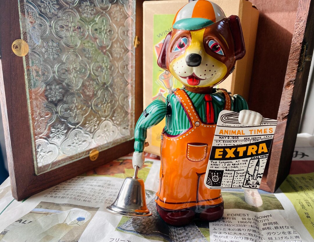 Vintage Tin Toy Newsboy Dog Wind up With Box Working Mechanical Japan ...