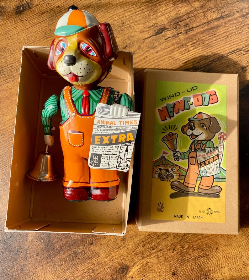 Vintage Tin Toy Newsboy Dog Wind up With Box Working Mechanical Japan ...