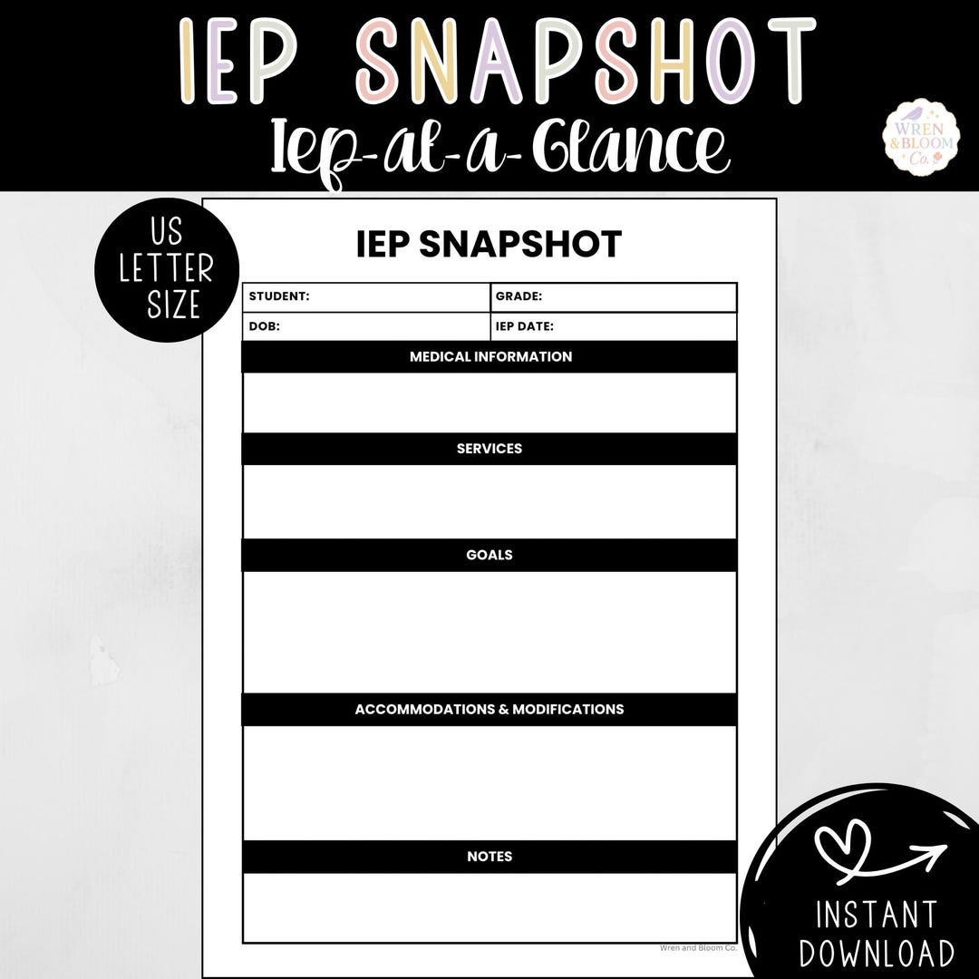 IEP Snapshot, IEP at a Glance, Special Education Printable, SPED Binder ...