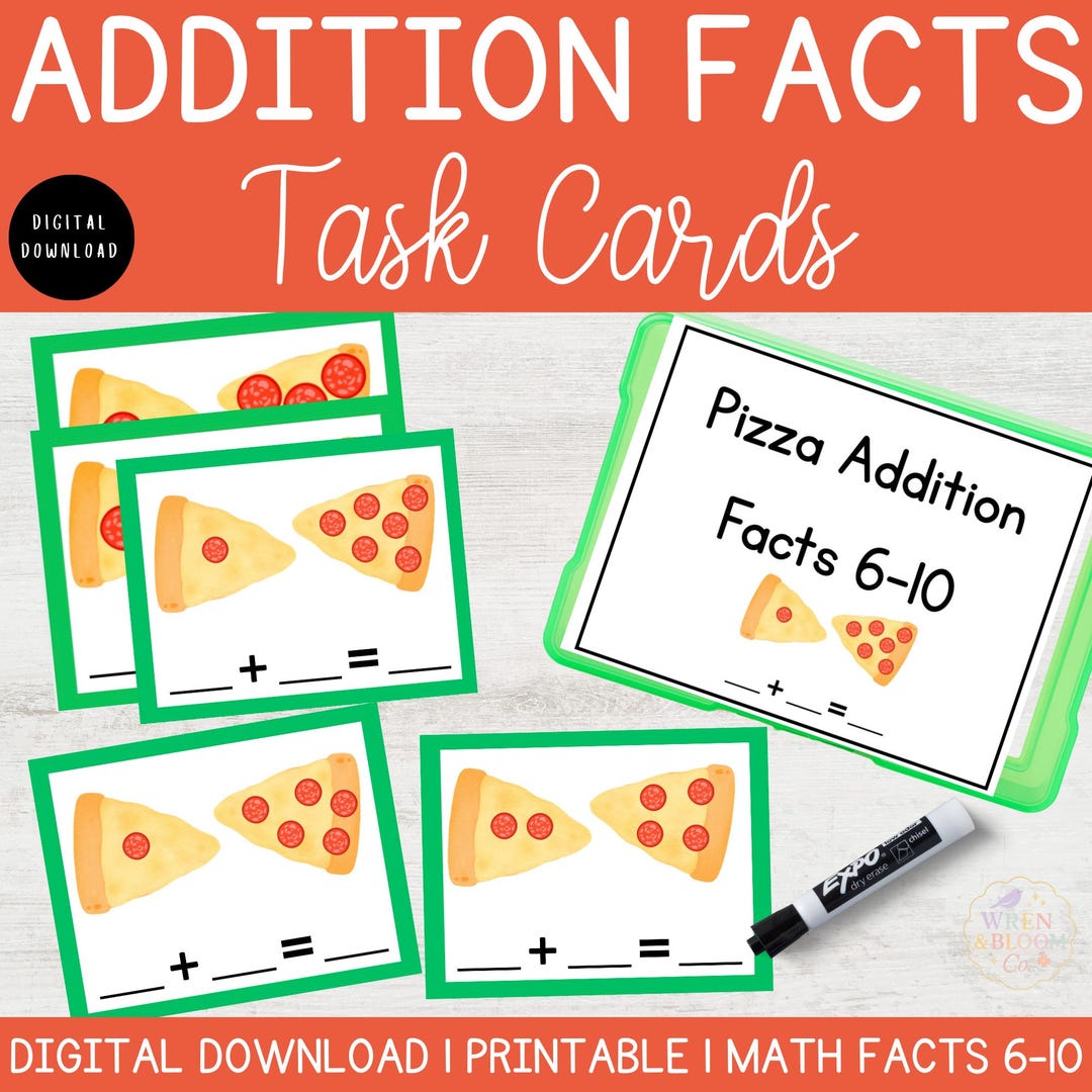 Pizza Addition Task Cards, Math Facts 6–10, Printable Classroom Center ...