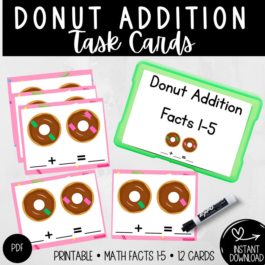 Donut Addition Task Cards 1–5, Pre-k, Kindergarten and 1st Grade Math ...