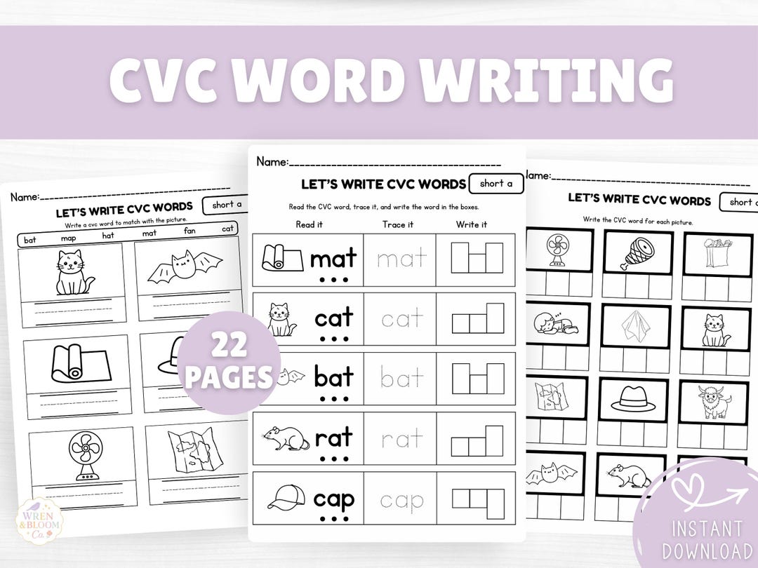CVC Word Worksheets, Handwriting Fine Motor Skill Sheets, Kindergarten ...