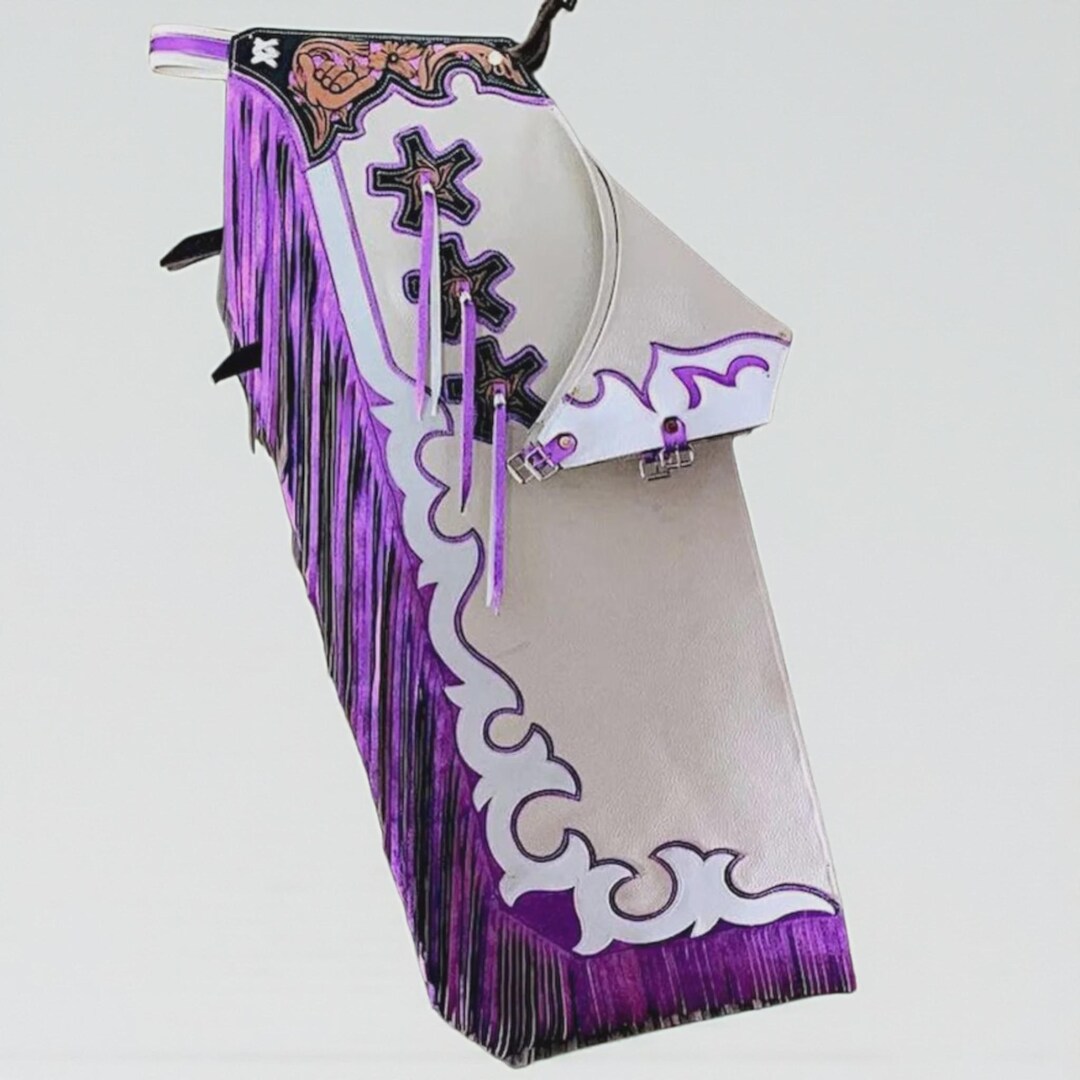 Handmade White and Purple Leather Rodeo Chaps, Western Cowgirl Fringe ...