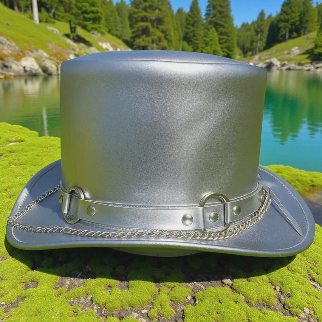 Silver Leather Top Hat Gothic Chain Steampunk Style Cosplay Costume - Etsy