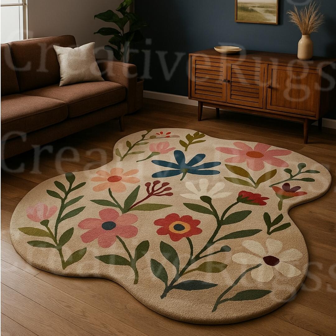 Modern Leaf Pattern Area Rug, Hand-tufted Cream Rug With Teal, Mustard ...