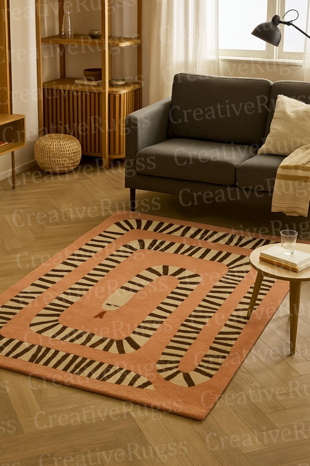 Modern Snake Design Hand-tufted Wool Rug, Coral and Cream Striped ...