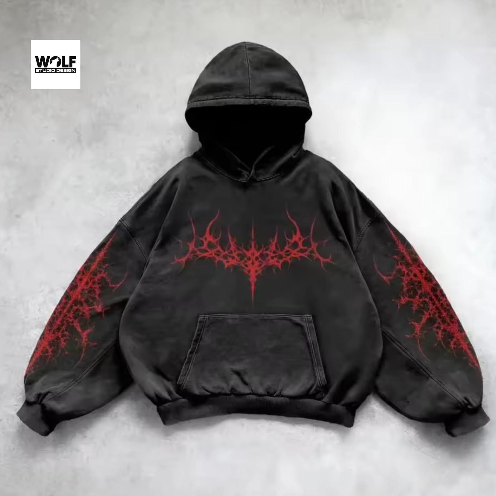 Oversized Black Sweatshirt: Red Flame Graphic - Grunge Gothic Pullover ...