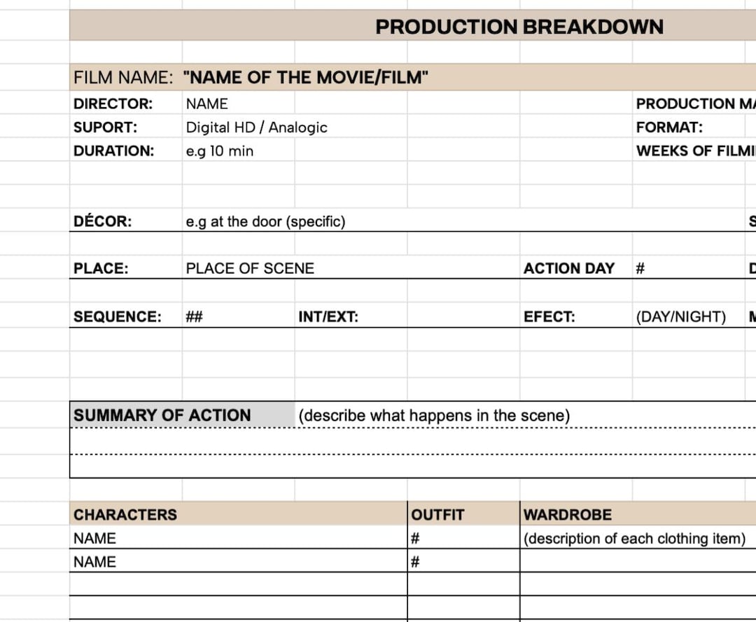 Production Breakdown Sheet for Filmmakers | Scene-by-scene Planner ...