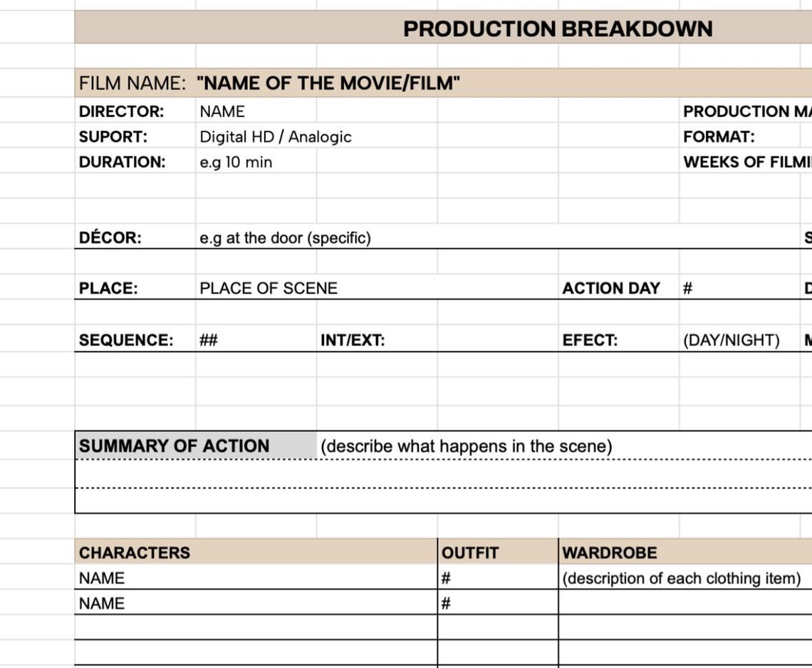 Production Breakdown Sheet for Filmmakers | Scene-by-scene Planner ...