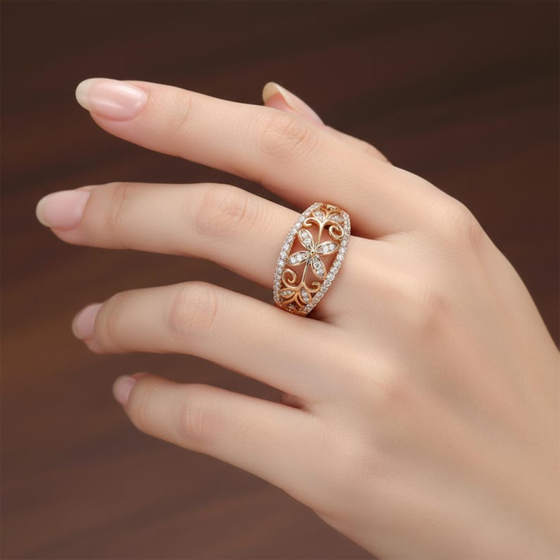 Nature Inspire Wedding Ring, Flower Leaf Motif Women's Ring, Round Cut ...