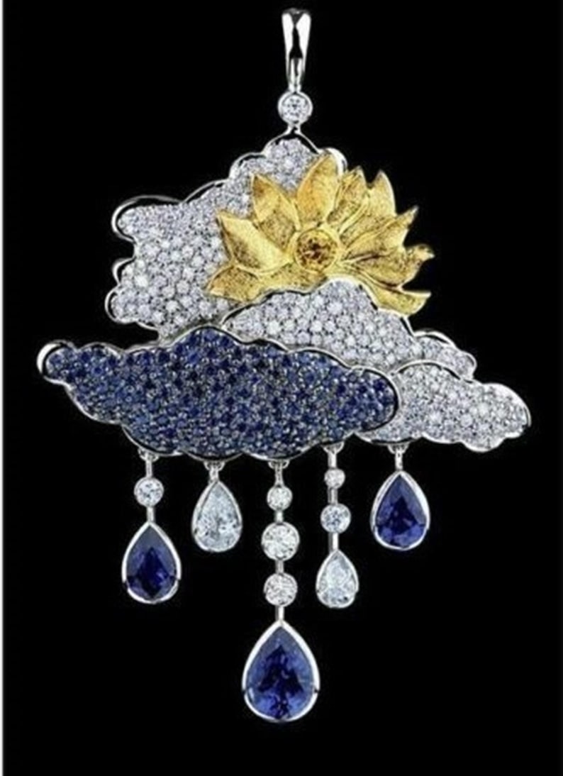 Rainy Cloud With Sun Pendant, Cloud Rain Drop Pendant, Sapphire ...