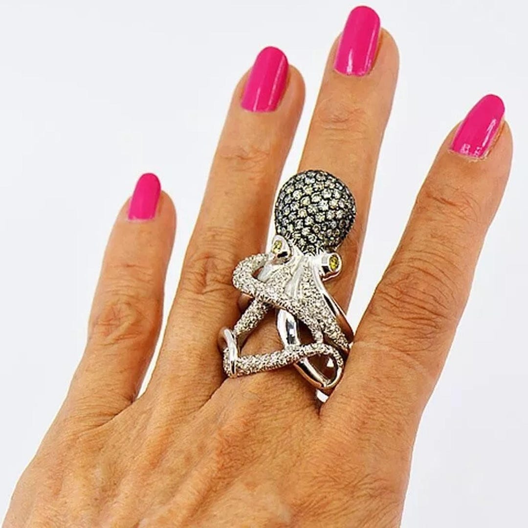 Octopus Women's Ring, Black & White Round Cut CZ Stone Aquatic Animal ...
