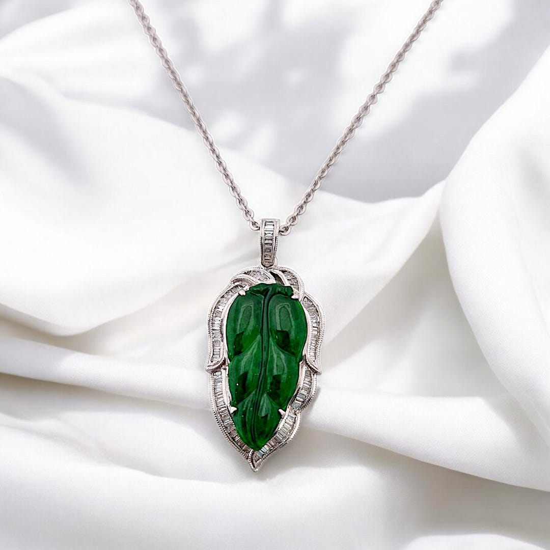 Jade Leave Pendant With Diamond - Etsy