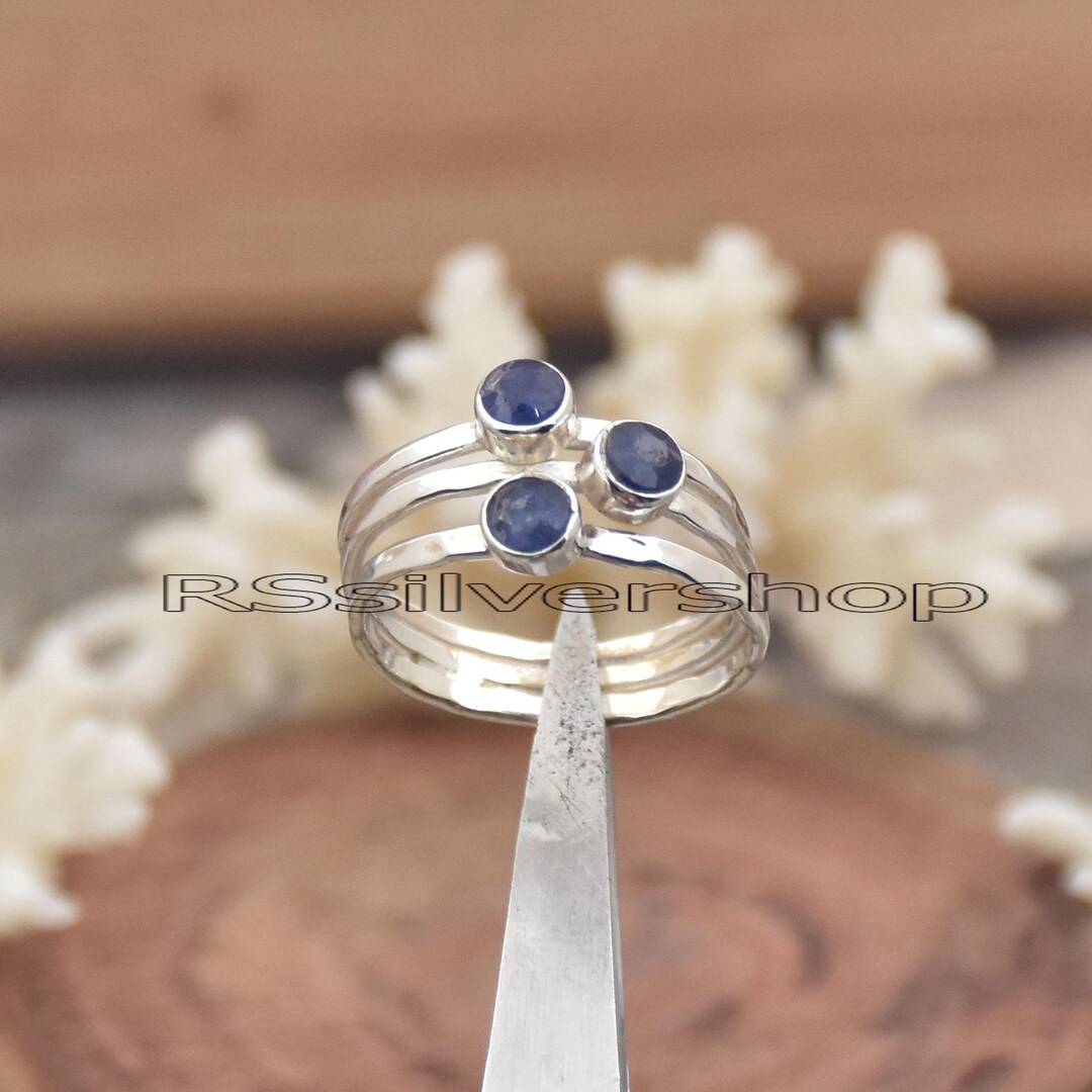 Lapis Tri-stone Ring, 925 Sterling Silver Multiband Ring, Handmade Boho ...