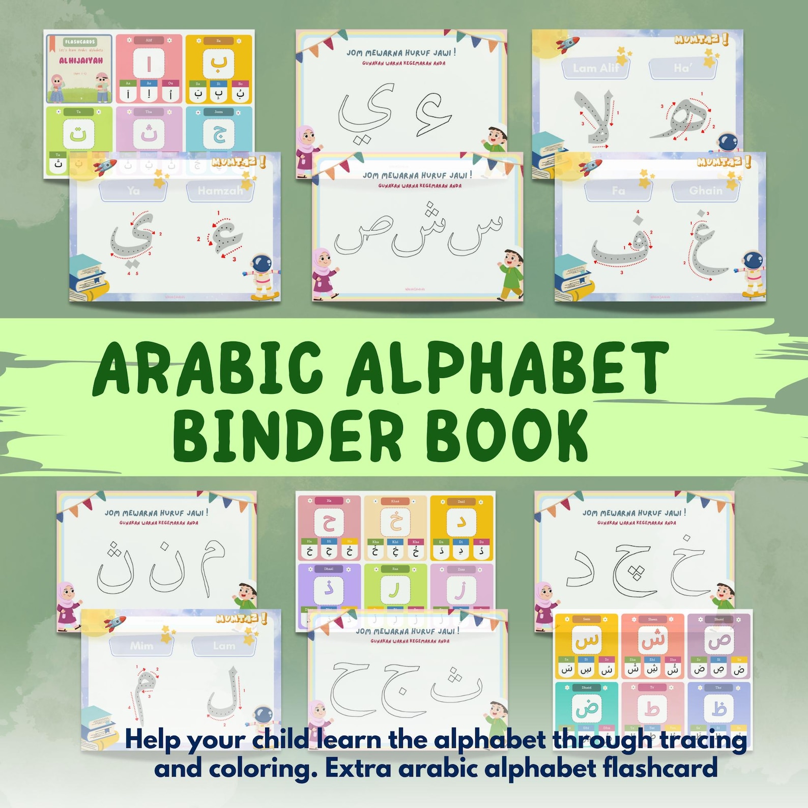 Arabic Alphabet Binder Book for Kids – 32 Pages Flashcards, Coloring ...