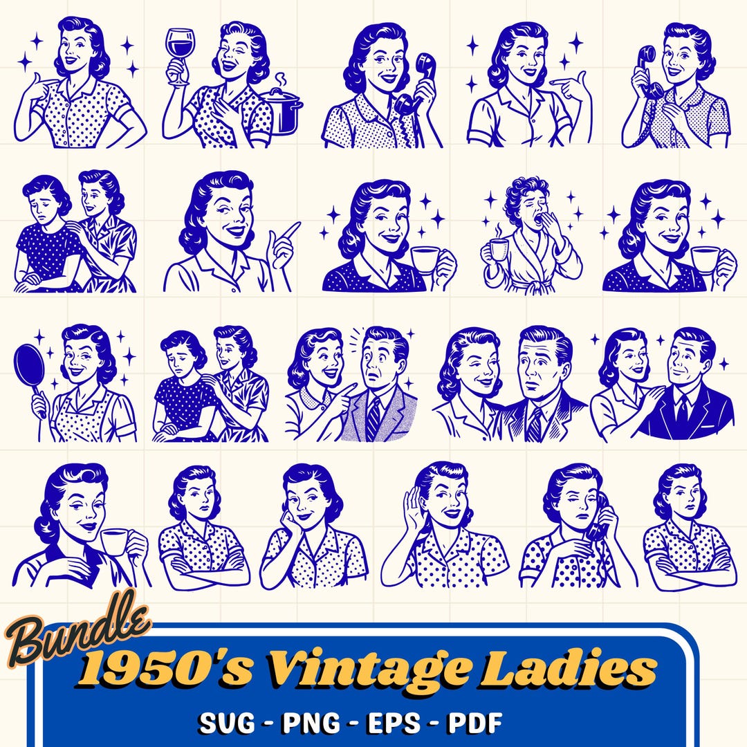 1950's Retro Housewife Girls SVG Bundle: Trendy 1950s Vintage Woman PNG ...
