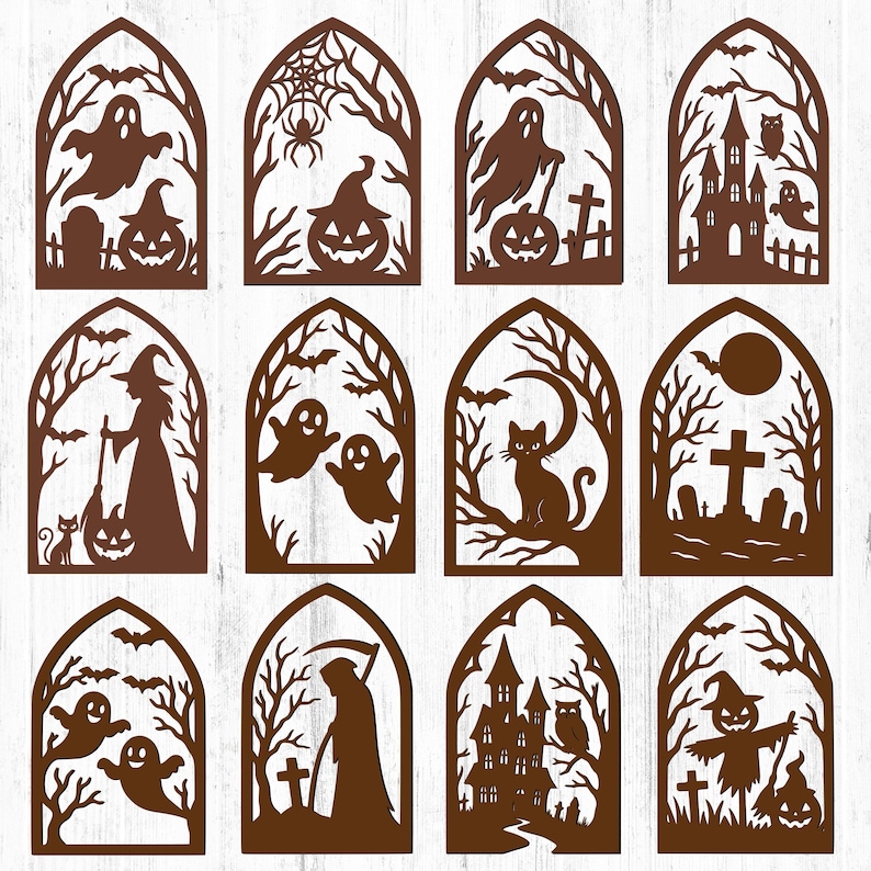 Halloween Window SVG Bundle: Haunted House, Gothic, Ghosts, Witch, Bats ...