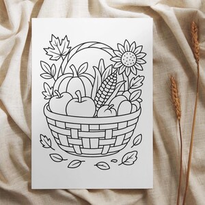 Fall Harvest Basket Coloring Page: Thanksgiving Printable Activity ...