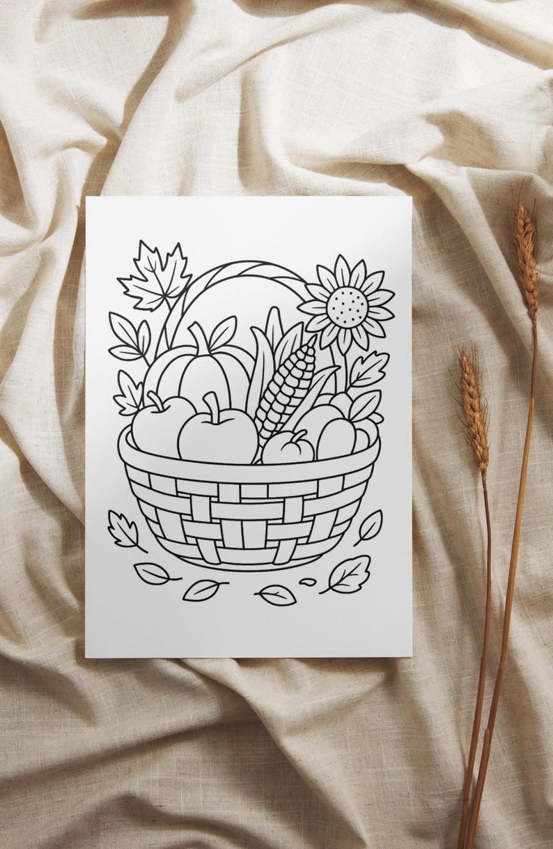 Fall Harvest Basket Coloring Page: Thanksgiving Printable Activity ...