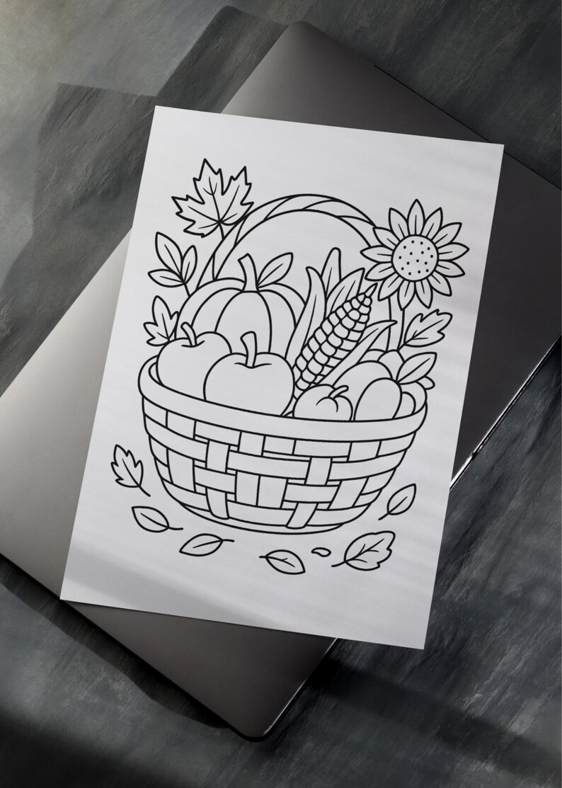 Fall Harvest Basket Coloring Page: Thanksgiving Printable Activity ...